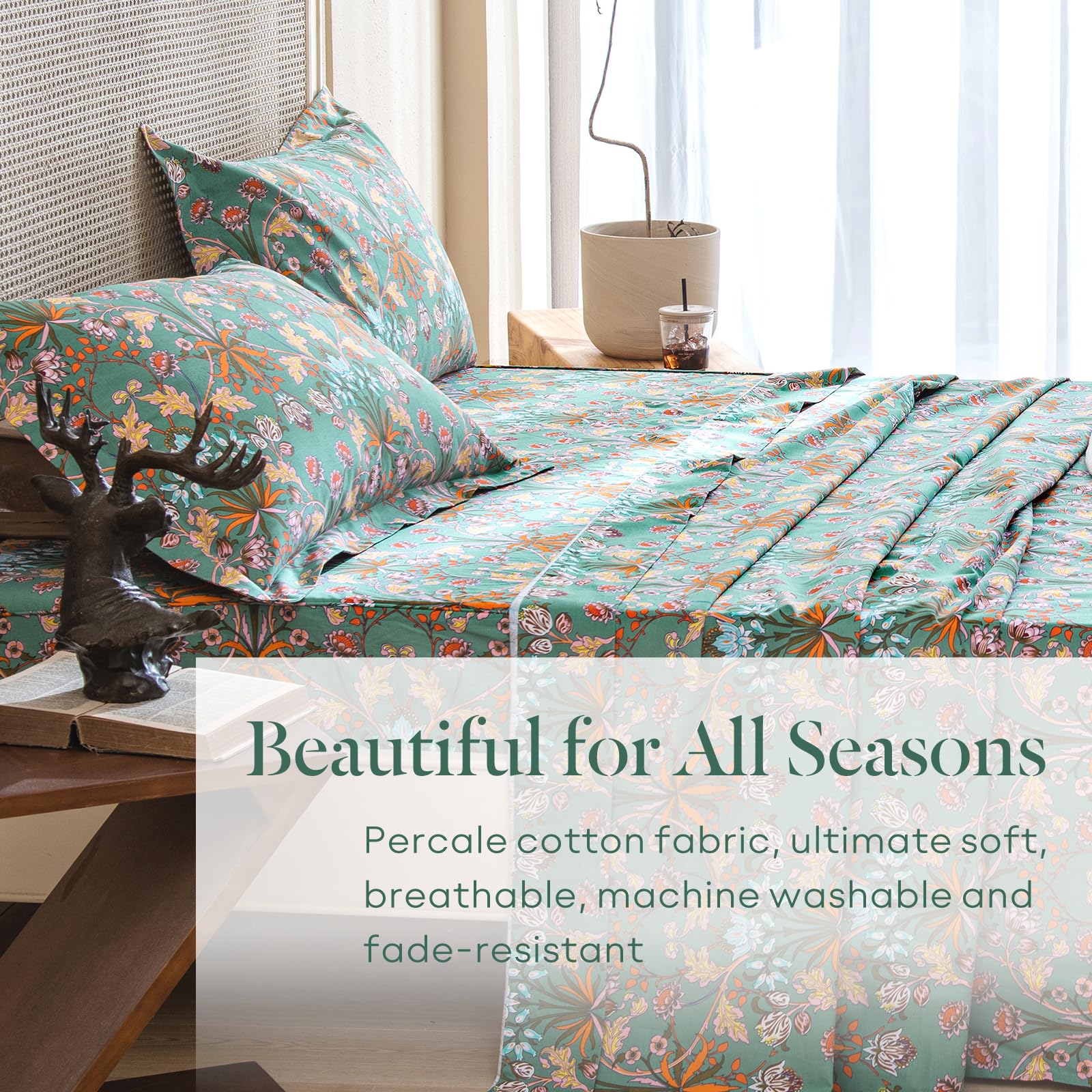Lady Ann 100% Cotton Floral Sheets Full Size, Vibrant Paisley Flowers Printed on Green Pattern Sheets Full Size Bed Dorm Bedding Breathable Deep Pocket Preppy Bed Sheets 4PCS Set