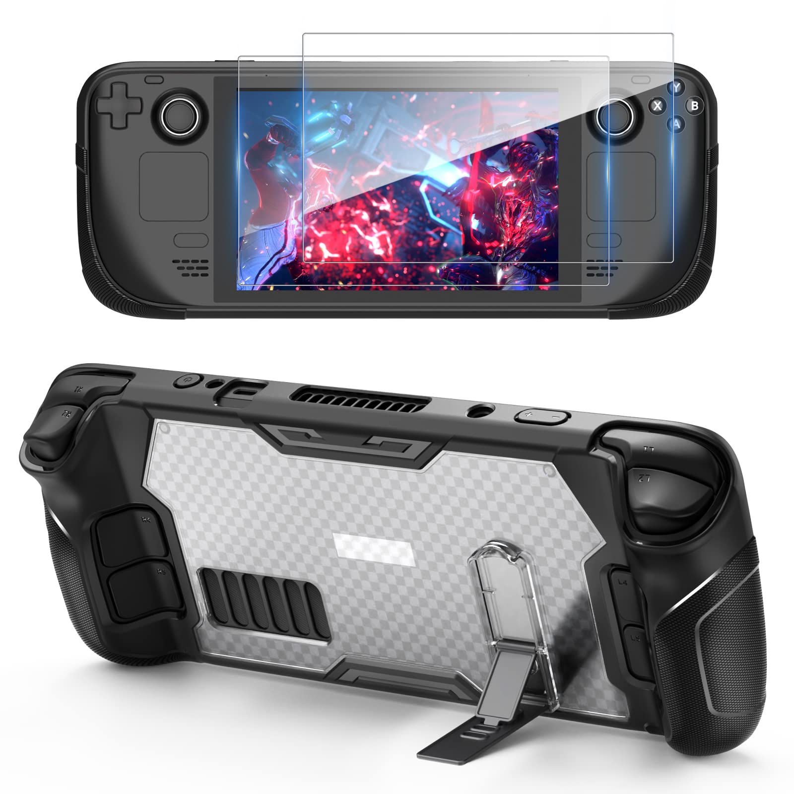 Protective Case for Steam Deck with Kickstand, GORIXER TPU Protector Cover Accessories with Stand & 2 Pack Screen Protector, Full Protection, Non-Slip, Anti-Collision for Steam Deck - Black