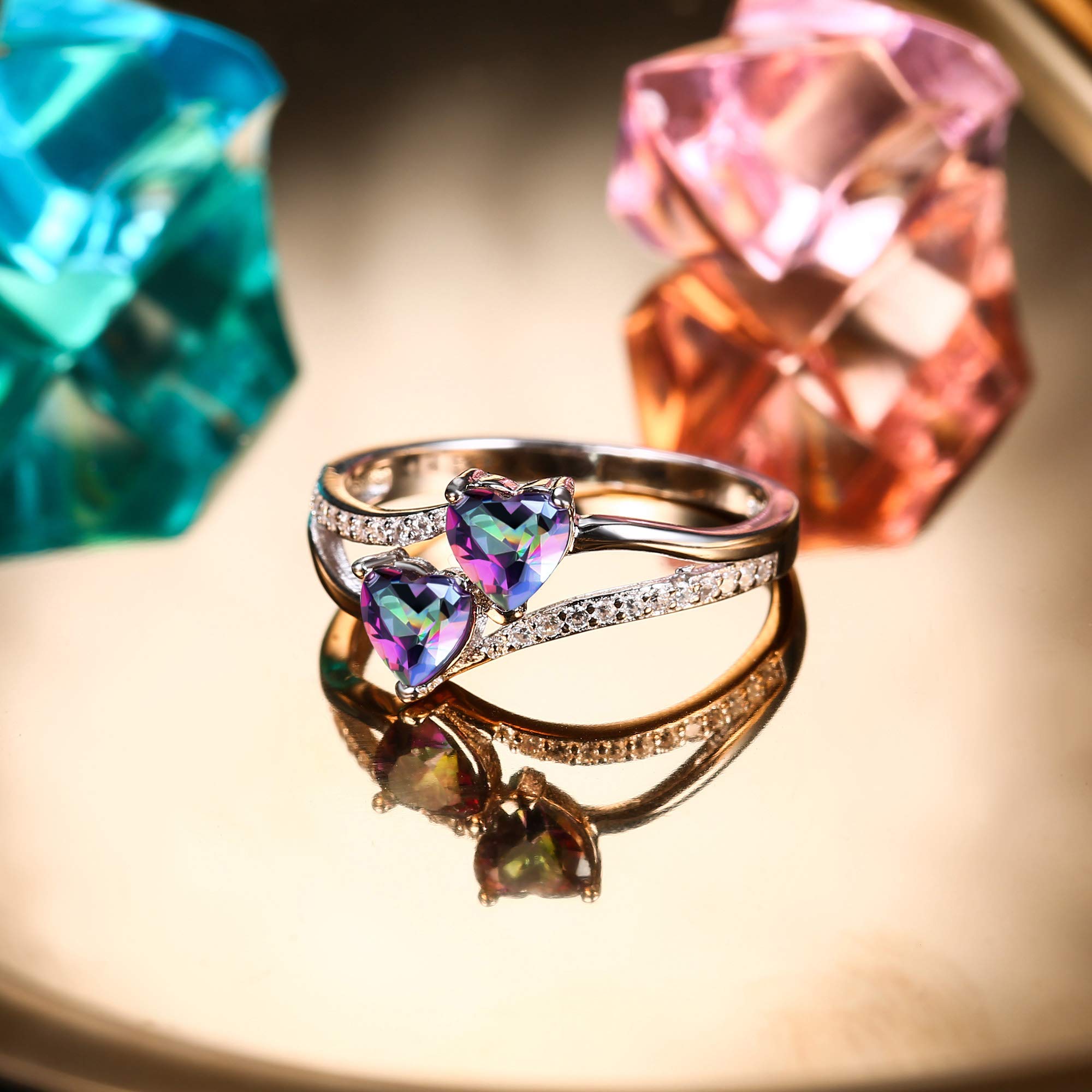 Milacolato 925 Sterling Silver Promise Ring for Her 18K White Gold Plated Double Stone Ring Heart Birthstones Toi et Moi Engagement Ring Jewelry Size 7