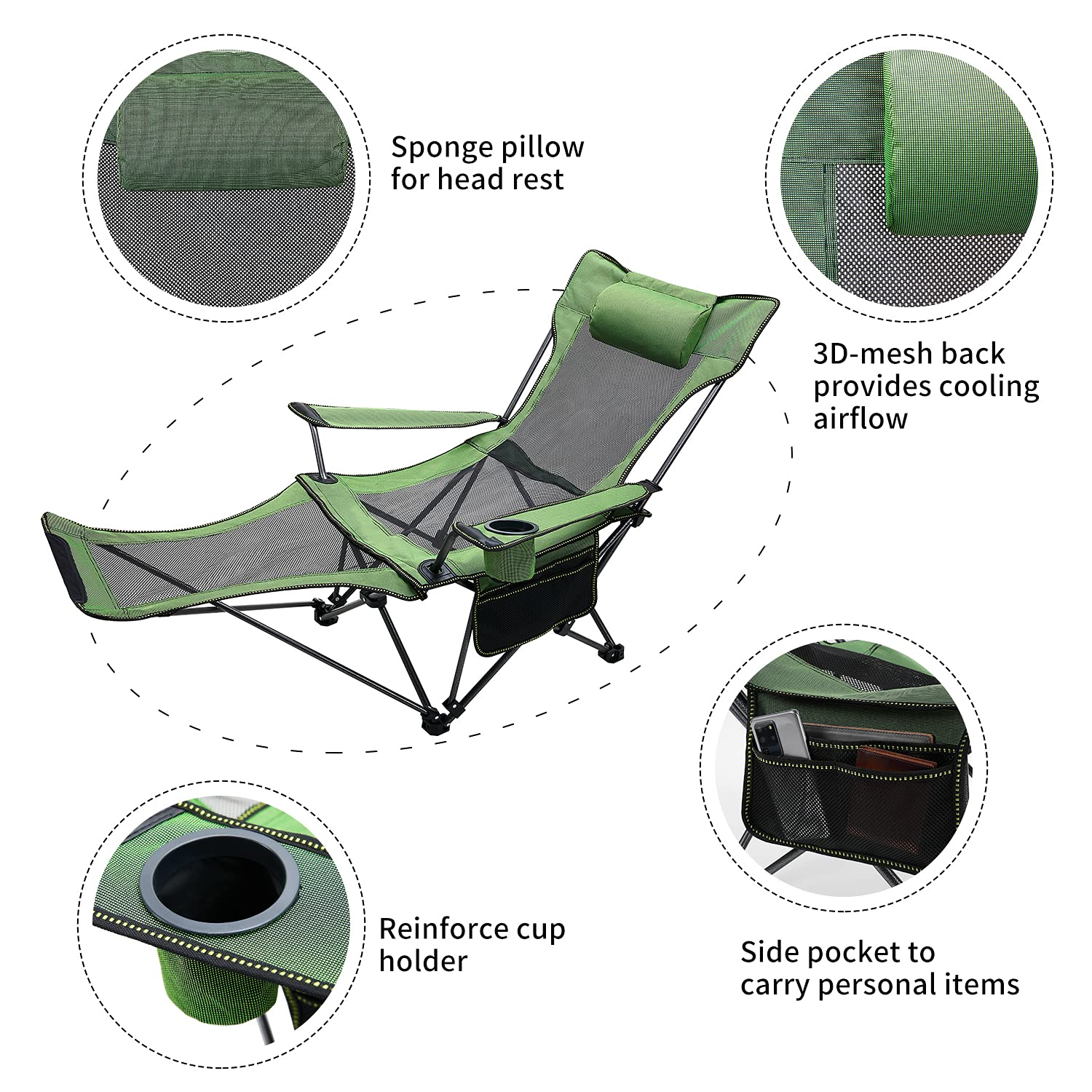 METKIIO Portable Camping Chair with Adult Detachable Footrest Mesh Folding Recliner, Green