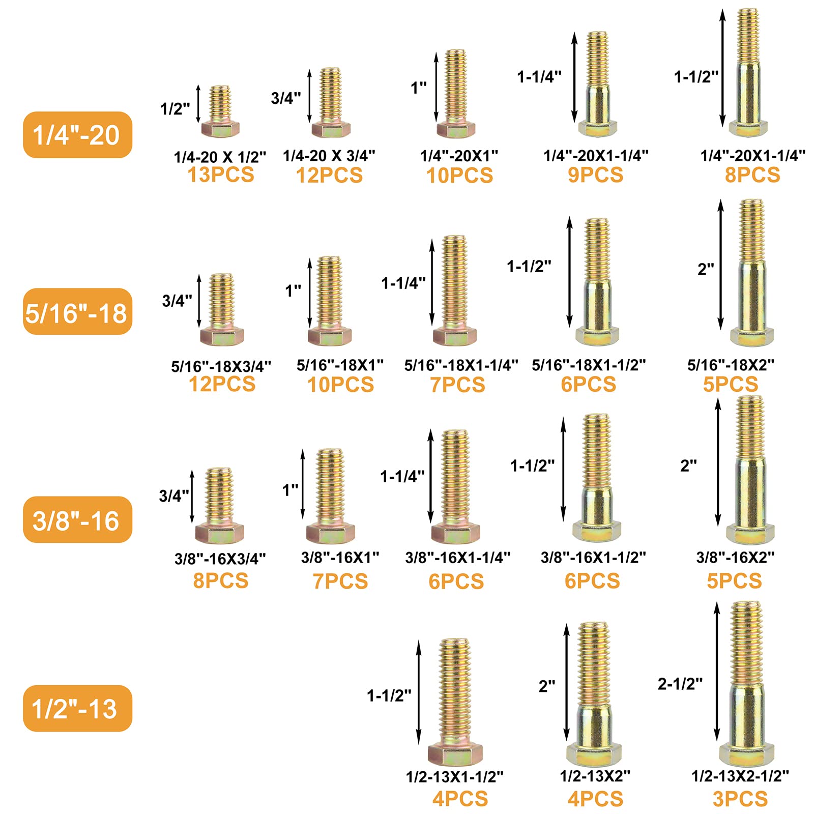 VIGRUE 555PCS 1/2-13 1/4-20 5/16-18 3/8-16 Heavy Duty Bolts Nuts Kit, Grade 8 UNC Bolts Hex Cap Screws Nuts Washers Assortment Kit, Fully and Half Threads, 18 Common Sizes
