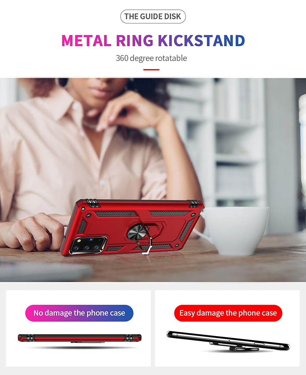 Military Grade Drop Impact for Samsung Galaxy Note 20 Case Note 20 5G Case 360 Metal Rotating Ring Kickstand Holder Armor Heavy Duty Shockproof Case for Galaxy Note 20 5G Phone Case (Red)