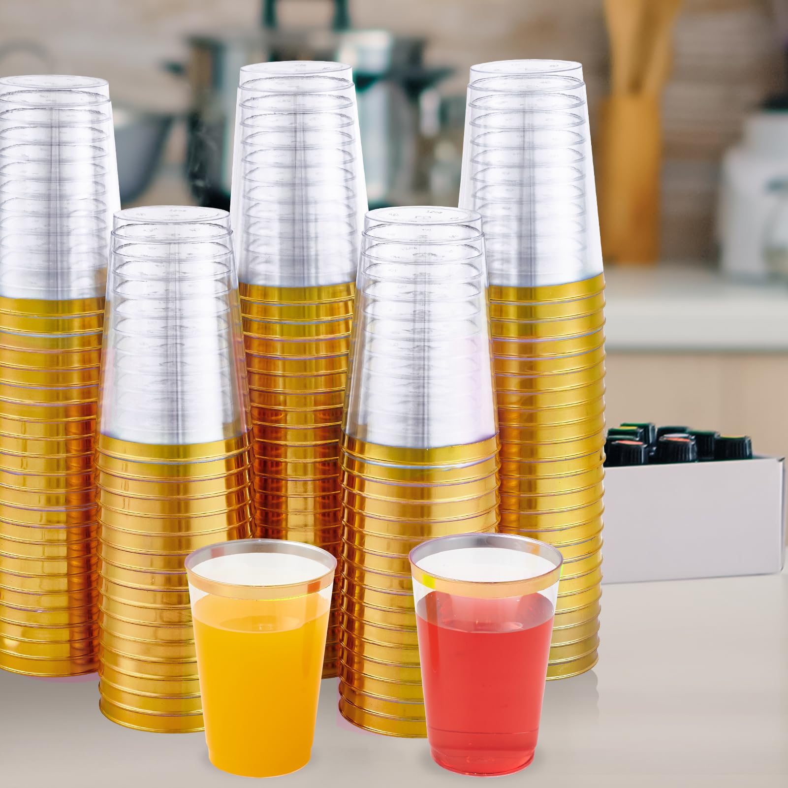 JOLLY CHEF 100 Pack Gold Plastic Cups, 12 oz Clear Plastic Cups Tumblers, Elegant Gold Rimmed Plastic Cups, Disposable Cups with Gold Rim Perfect for Wedding, Thanksgiving Day, Christmas Party Cups
