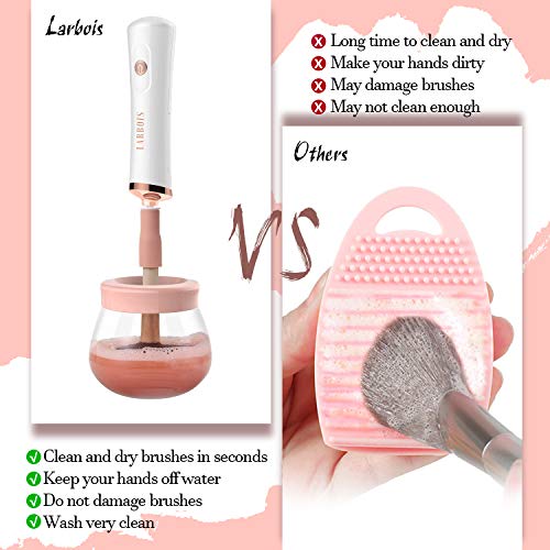Makeup Brush Cleaner Brush Cleaner - Larbois Make up Brush Cleansers Machine with 8 Rubber Collars Automatic Brush Cleaner Spinner Makeup Brush Tools Wash and Dry Seconds (White)