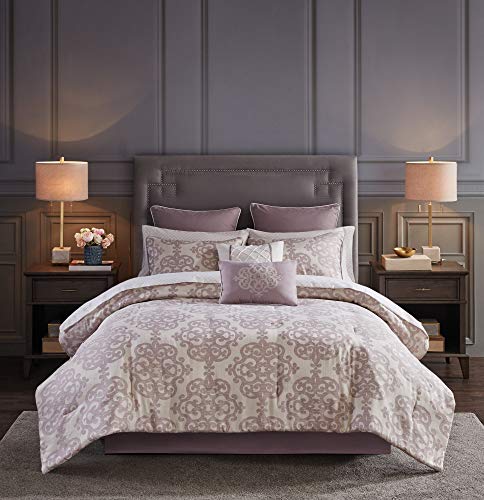 Madison Park Essential Madeline Cozy Bed in A Bag Comforter with Bonus 2 Complete Sheet Set, Jacquard Medallion Damask Design, All Season Cover, Decorative Pillow, Queen(90"x90"), Purple
