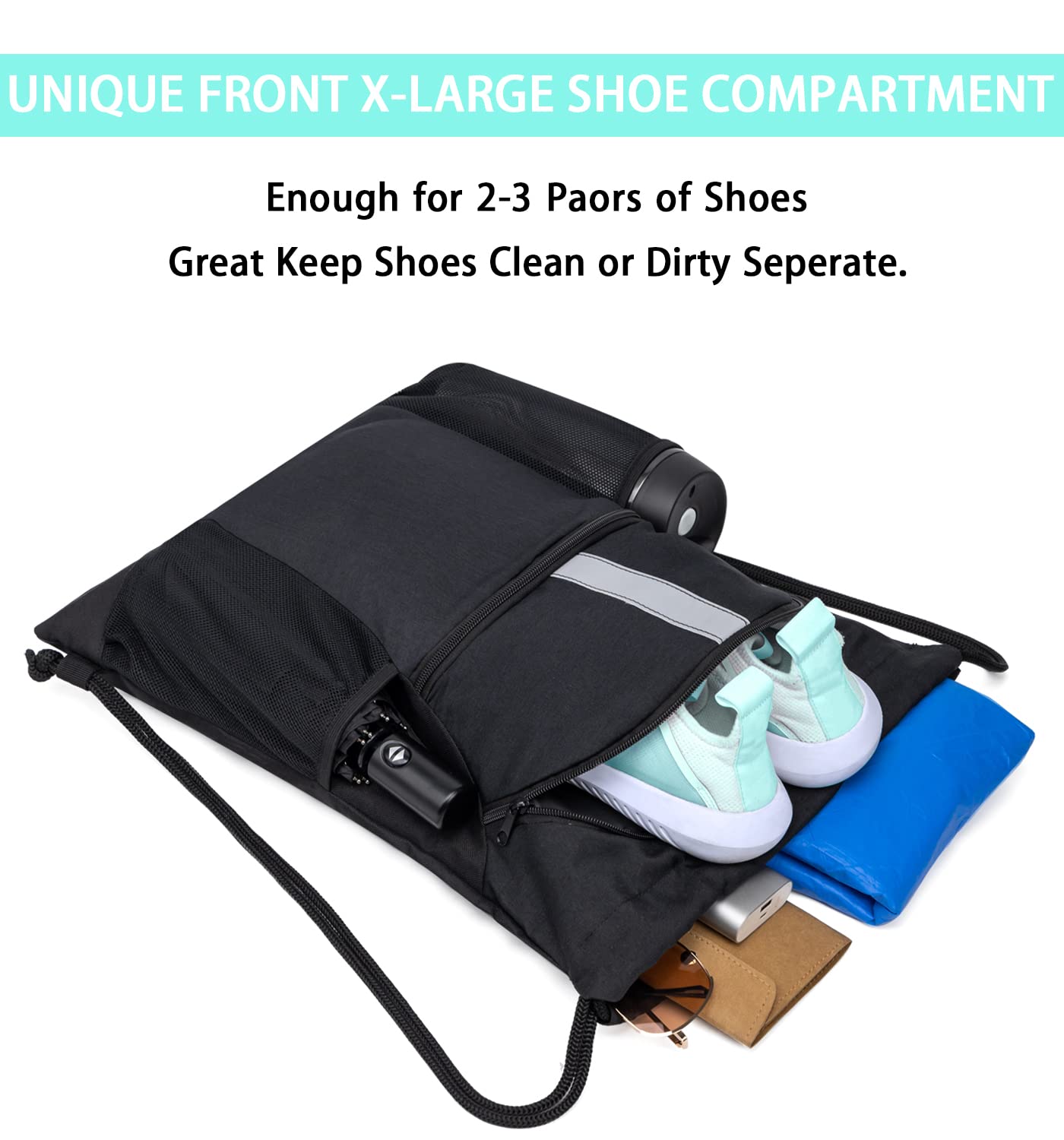 KABAQOO Drawstring Backpack Sports Gym Bag With Shoe Compartment & Mesh Pockets Water Resistant String Bag for Women Men