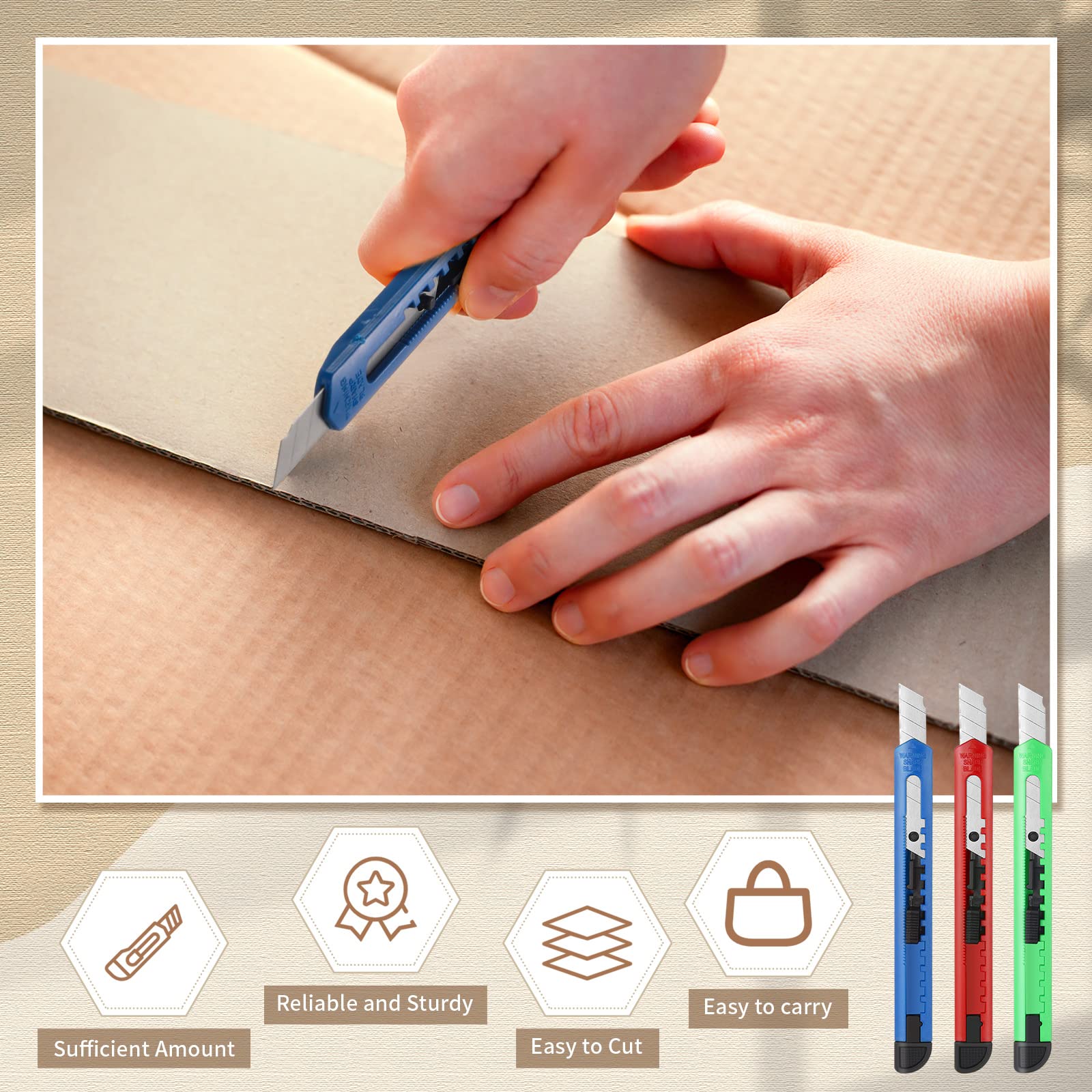 Lasnten 200 Pcs Box Cutter Utility Knife Small Retractable Knife 9mm Wide Snap off Blade Knife Plastic Compact Box Opener with Sliding Lock Tools for Home Office Arts Crafts, 3 Colors
