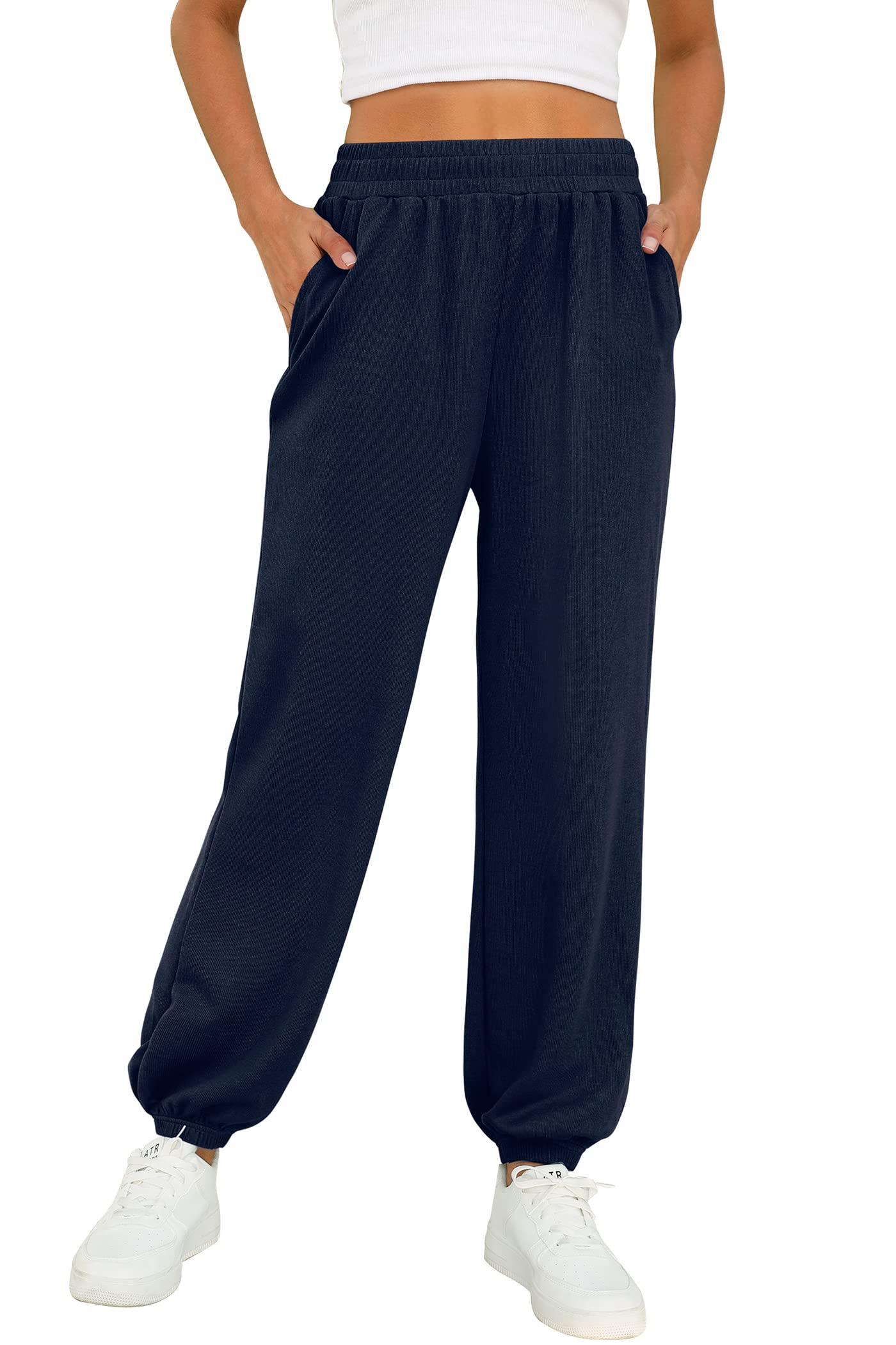 Saloogoe Womens Athletic Pants Casual Workout Sweatpants with Pockets Navy Blue M