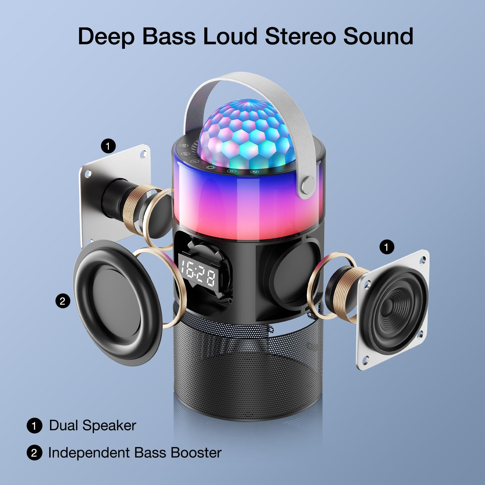 LEICEX Portable Bluetooth Speaker,Wireless Speakers with Bass HD Sound,Up to 12H Playtime,Disco Rotating Light/Music Light/Ideal for Home and Outdoor Karaoke Machine with Two Wireless Microphones