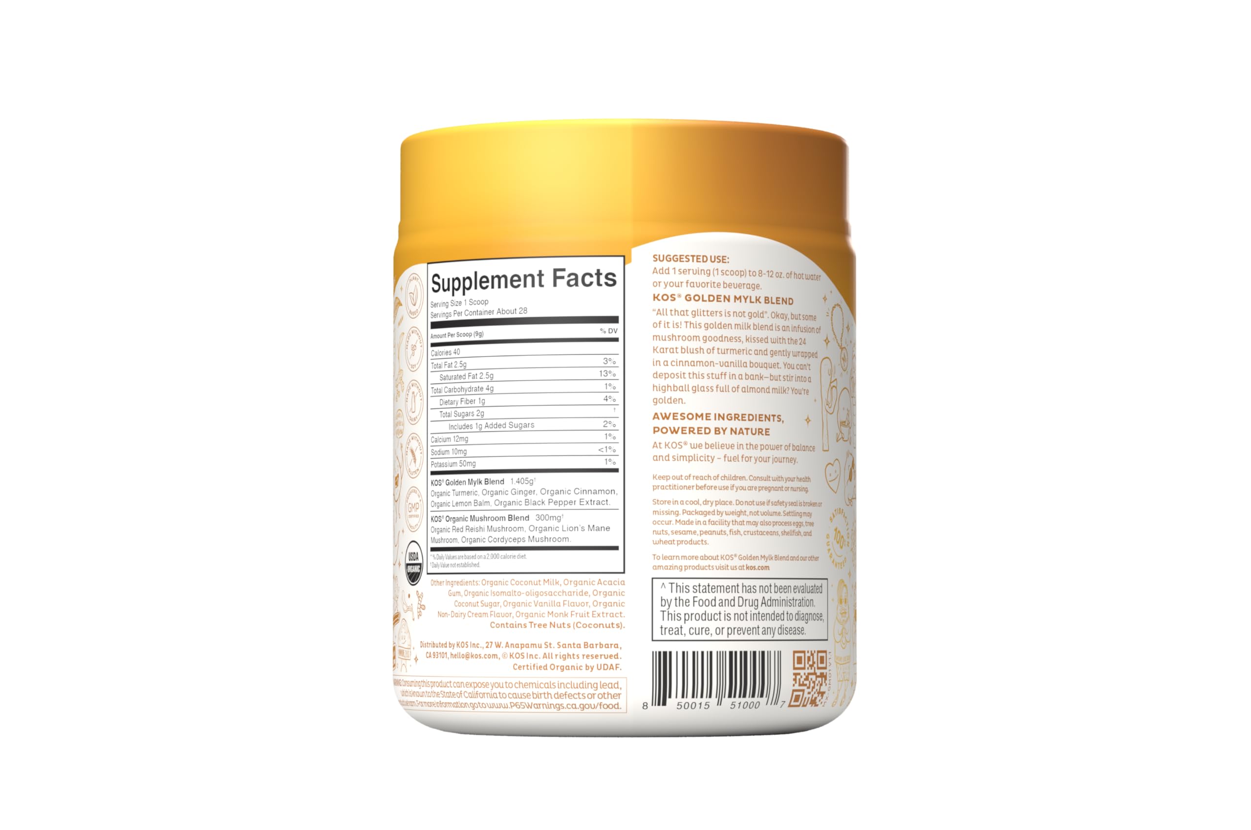 KOS Golden Mylk with Tumeric and Ginger, Organic Superfood Latte Powder, Adaptogen Mushroom Blend - Coffee Creamer, Dessert & Smoothie - Caffeine Free, Vegan, Dairy-Free, Gingerbread Chai, 28 Servings