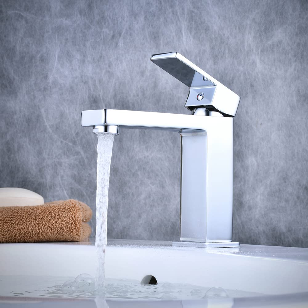 Single Hole Bathroom Faucet Chrome, NEWRAIN Single Handle Brass Sink Faucet Bathroom Single Hole with Pop Up Sink Drain Assembly and Water Faucet Supply Lines