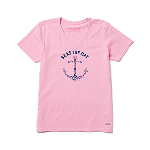 Life is Good Womens Crusher Beach/Ocean Graphic V-Neck T-Shirt, Happy Pink, Small