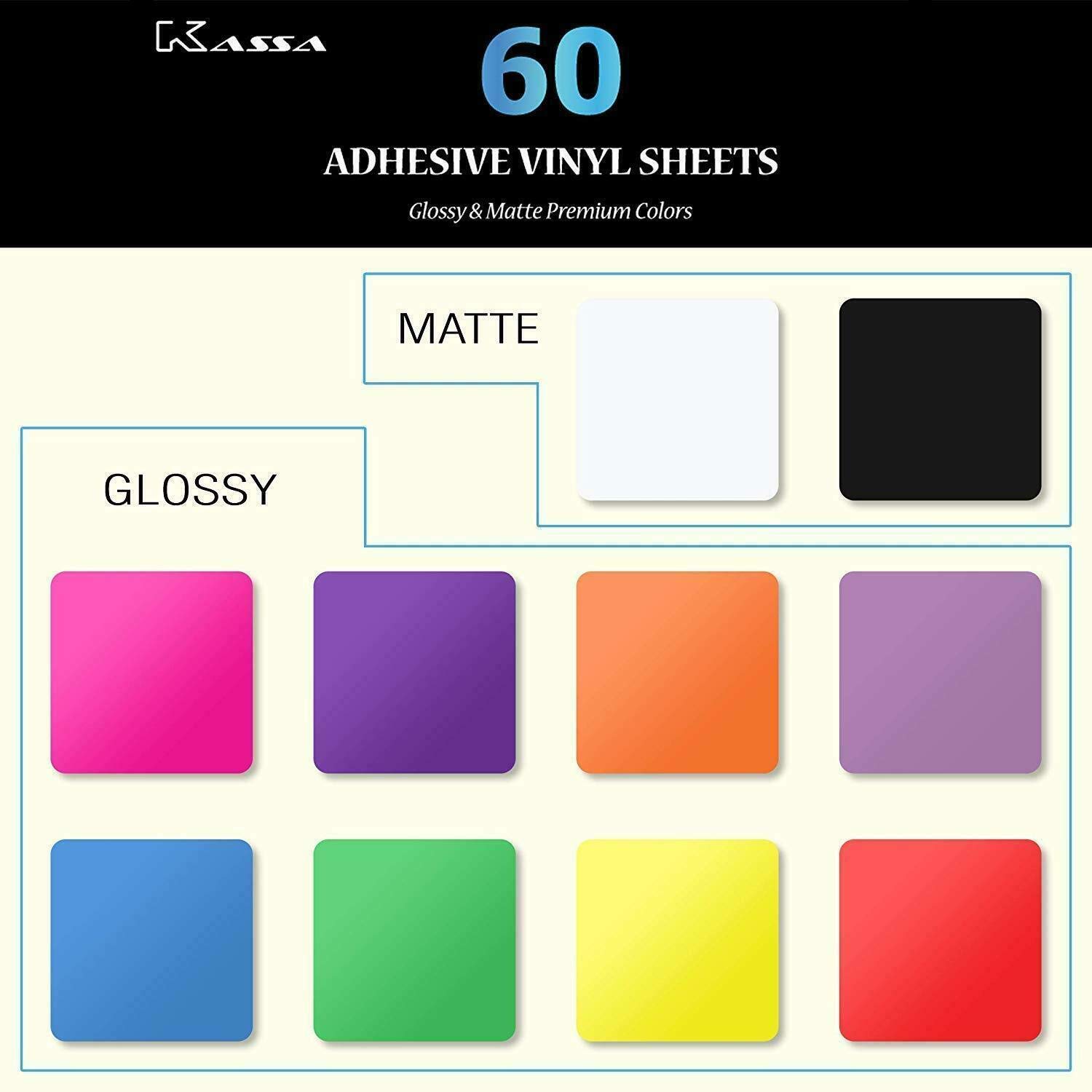 Kassa 60-Piece Permanent Vinyl Sheets | 10 Bold Colors in 12" x 12" with a Squeegee Included | Compatible with Cricut, Silhouette & Other Cutting Machines | for DIY Art Projects, Styling & Decorating