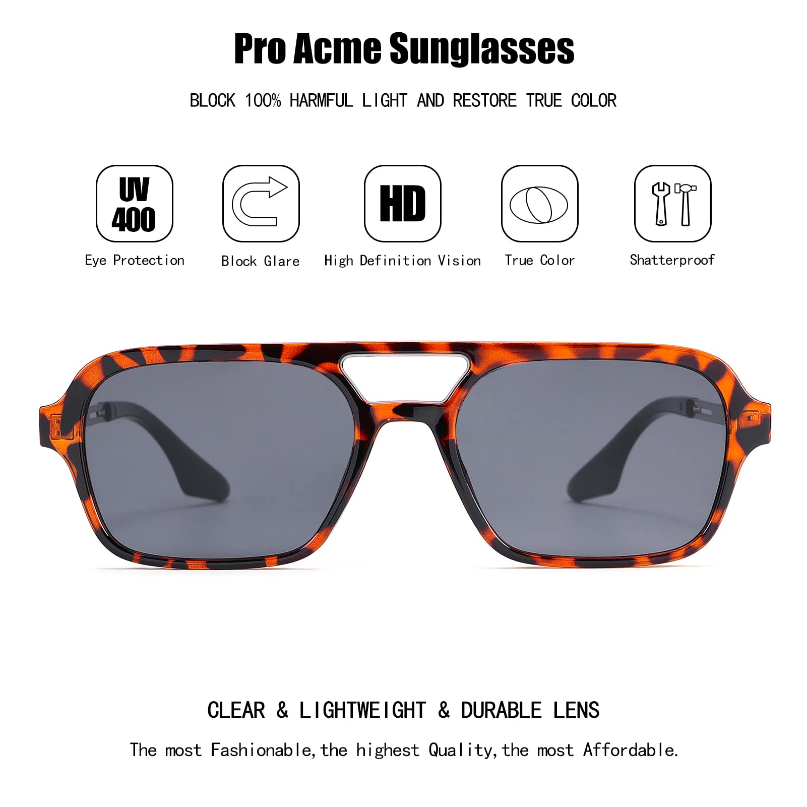 Pro Acme Vintage 70s Flat Pilot Sunglasses for Women Men, Small Frame Rectangular Glasses UV400 Protection Shades (Leopard Frame | Black Lens)