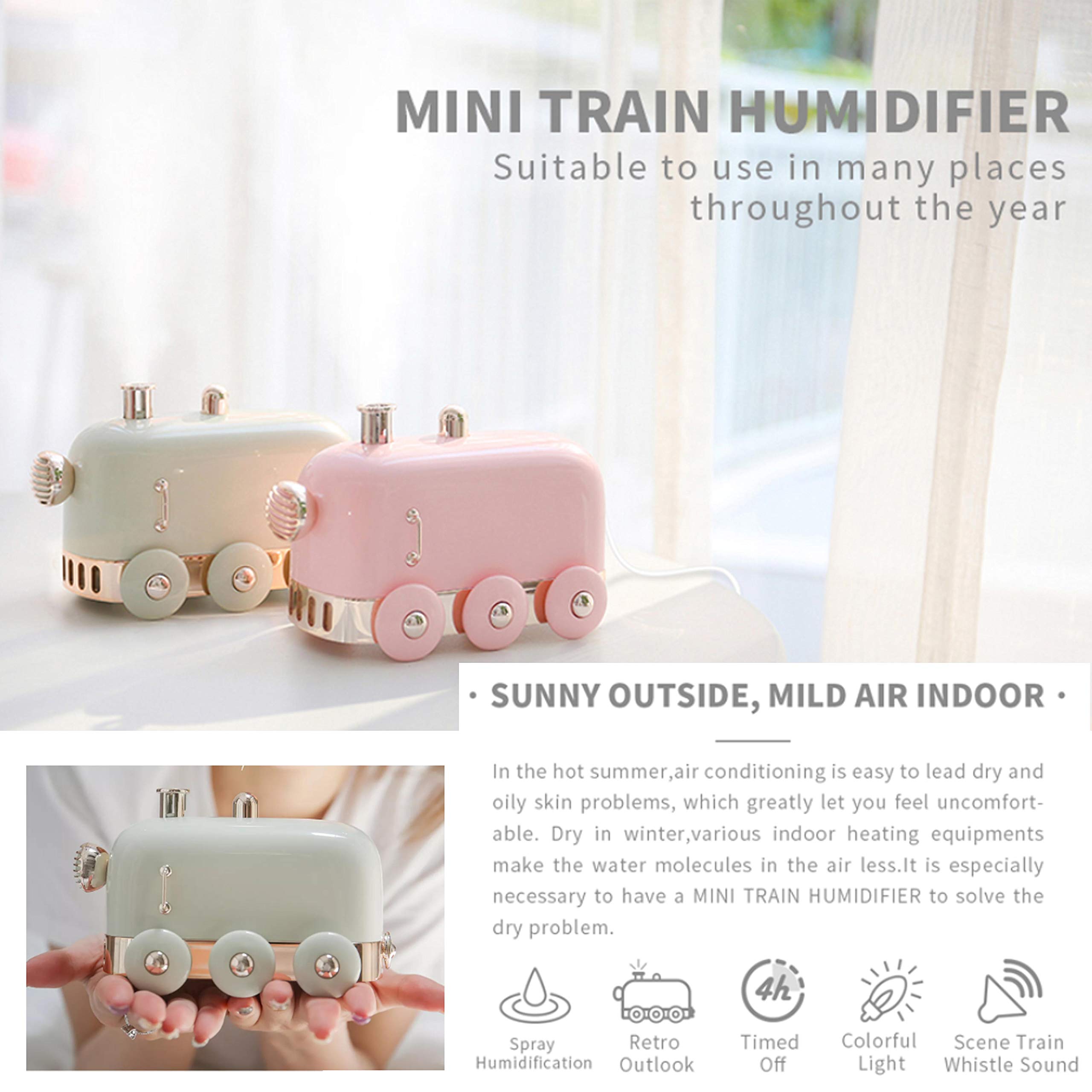 Mini Train USB Humidifier, Ultra Quiet Cute Desktop Mute Mini Personal Portable Small Humidifier with LED Light Small Diffuser for Office, Bedroom, 4 Hours Auto Shut-Off, 300ML Pink