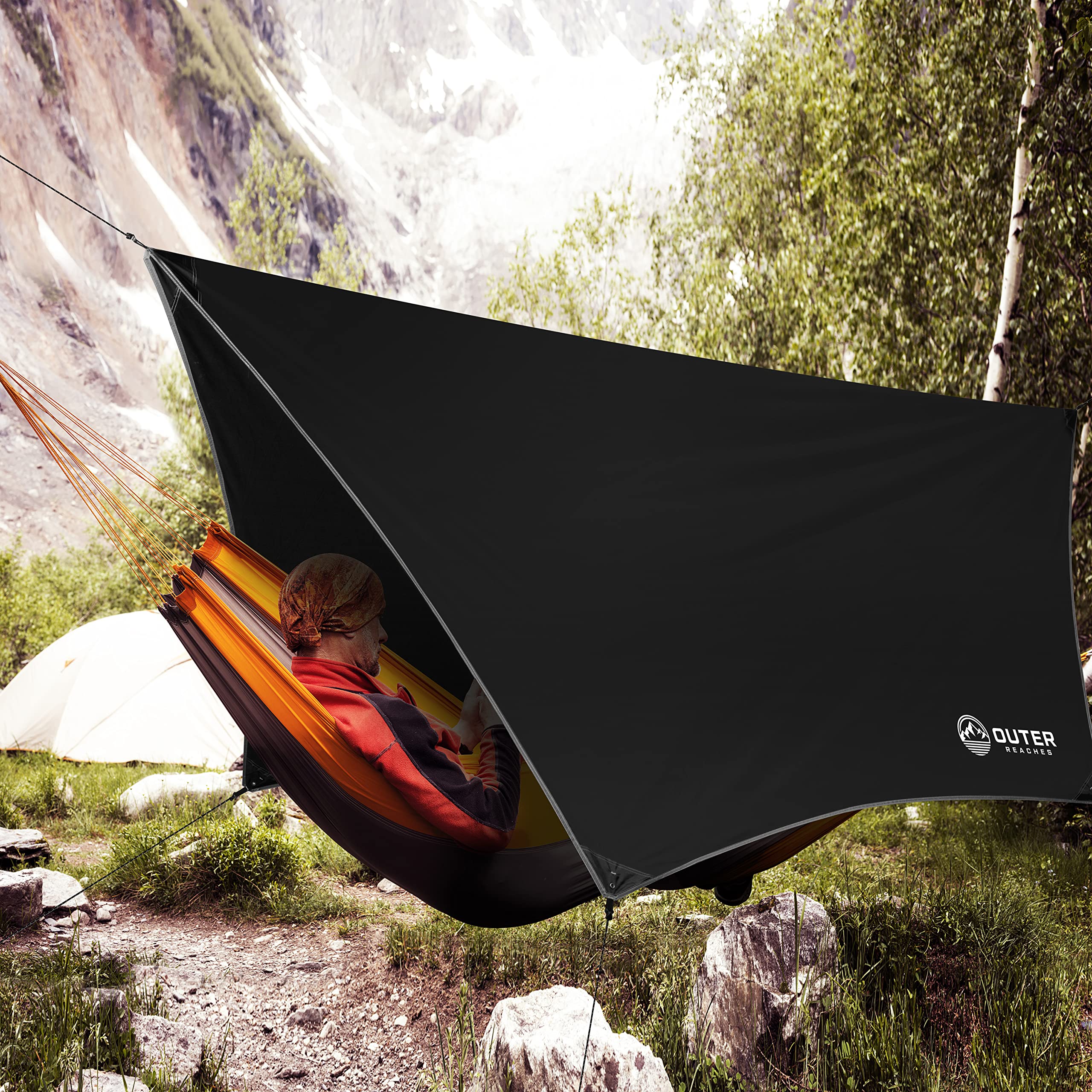 Outer Reaches Camping Tent Tarp - Must Have Hammock Rain Fly for Camping - Heavy Duty Waterproof Hammock Tarp - Improved Quick Setup with Included Stakes and Carry Bag