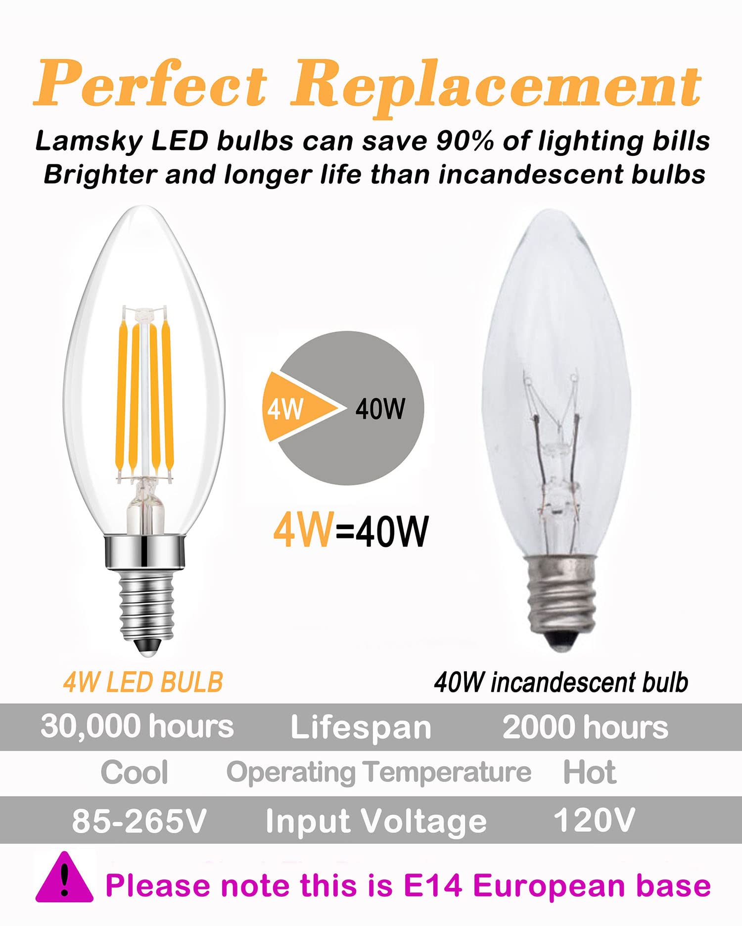 Lamsky E14 Base LED Filament Candle Shape Light Bulb,E14 European Base Bulb,Warm White 2700K 400LM 40W Equivalent,C35 Clear Glass Torpedo Shape Bullet Top,No-Dimmable (4-Pack)