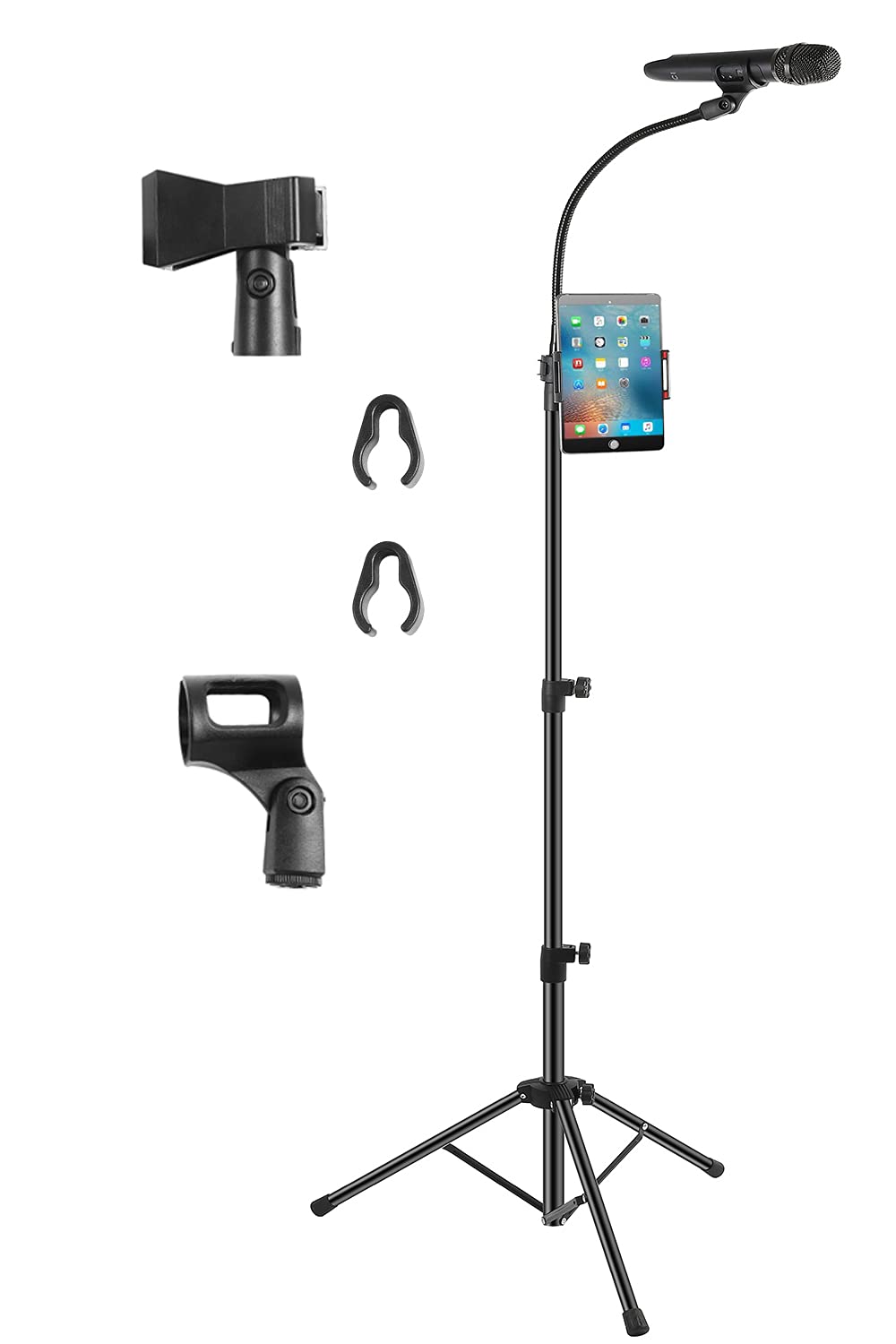 Microphone Stand Portable Mic Stand with Phone Holder,Detachable Gooseneck Mic Tripod - Adjusted Height From 3 to 6 Feet - with 2 Standard Mic Clips