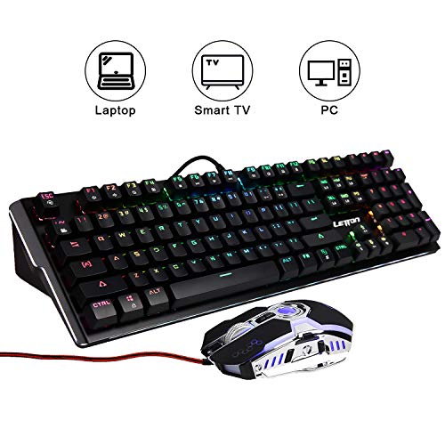 Mechanical Gaming Keyboard and Mouse Combo, Blue Switch Full Size Wired Gaming Keyboard with Colorful Backlit, 1600 DPI Gaming Mouse for Windows PC Gamers
