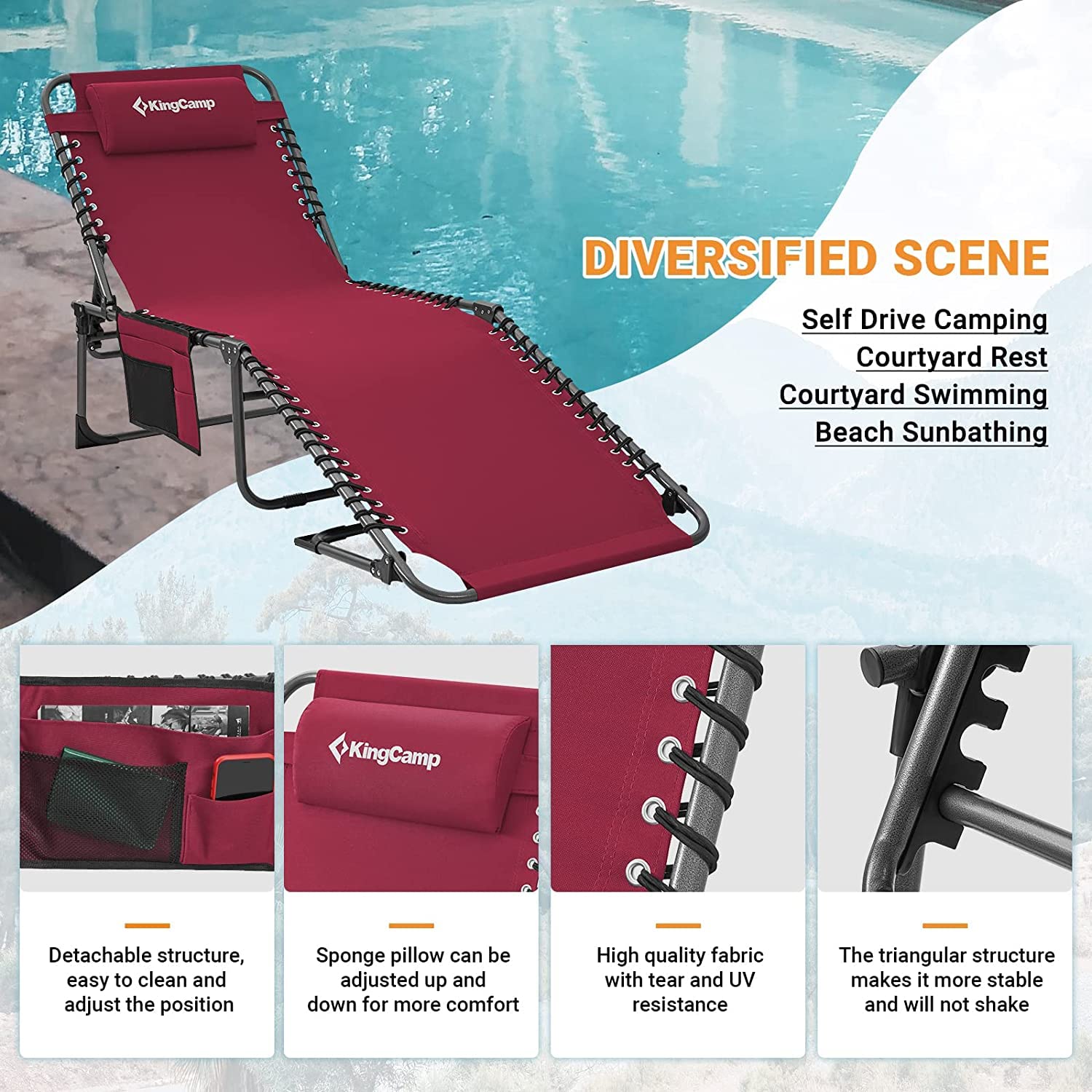 KingCamp Adjustable 5-Position Heavy Duty Folding Chaise Lounge Chair with Pillow Pocket, Portable Great for Outdoor Patio Lawn Beach Pool Sunbathing, Supports 264lbs(2 Pack)