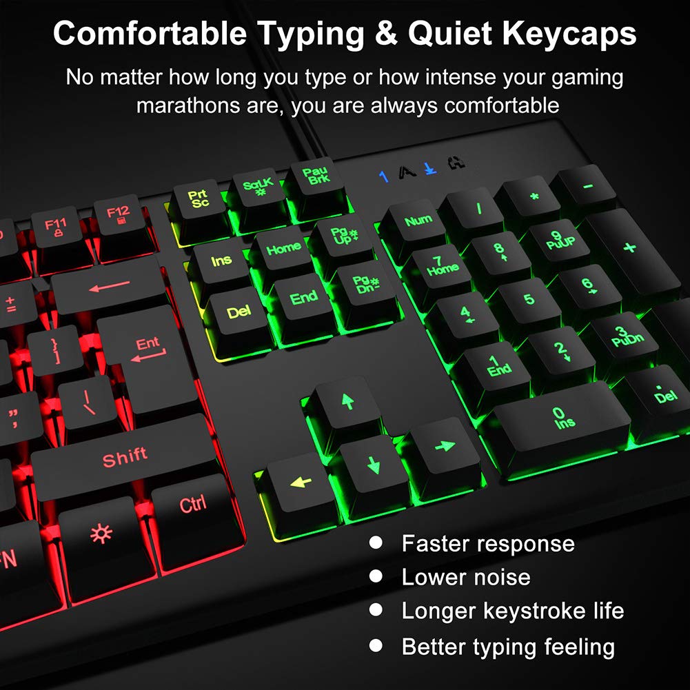 MFTEK Rainbow Gaming Keyboard and Mouse Combo, Wired RGB Backlit Gaming Keyboard and 4 Color Lighted Gaming Mouse Set with Mouse Pad for Computer PC Gamer Laptop Work