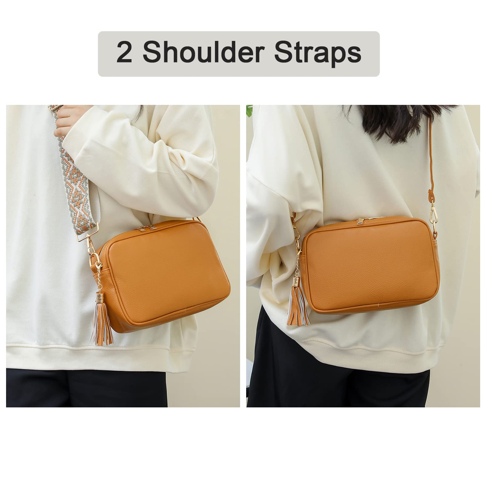 Small Crossbody Bag with Wide Guitar Strap, Thick Strap Camera Cross Body Bag Leather Shoulder Purse for Women with 2 Strap Light Brown