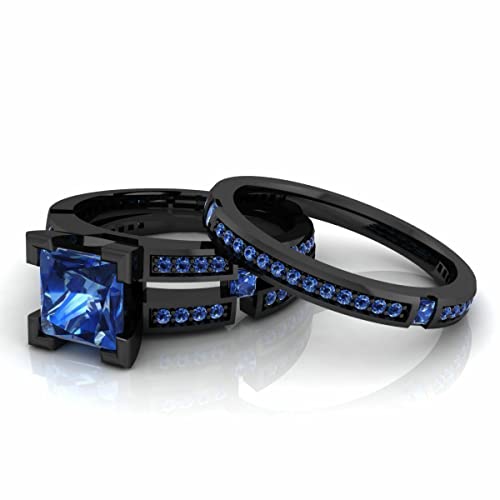 Samarth Princess & Round Cut Blue Sapphire 925 Sterling Silver 14K Black Gold Over Diamond Engagement Wedding Bridal Ring Set for Women's