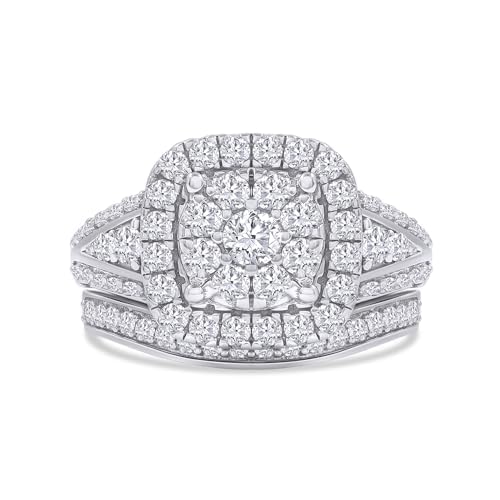 SAVEARTH DIAMONDS 1 1/4 CTTW Round Lab Created Moissanite Diamond Double Halo Bridal Set Wedding Ring in 14k White Gold Over Sterling Silver (1.25 Cttw) Size-9