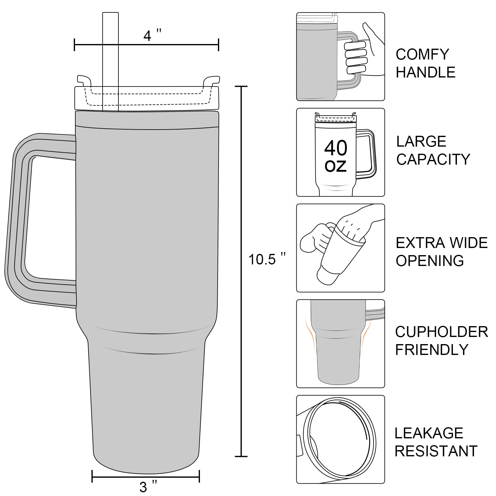 Kerykwan 40oz Tumbler with Handle Insulated Stainless Steel Travel Coffee Mug with Straw&Lid Large Water Bottle Cup for Hot&Cold Beverages (White)