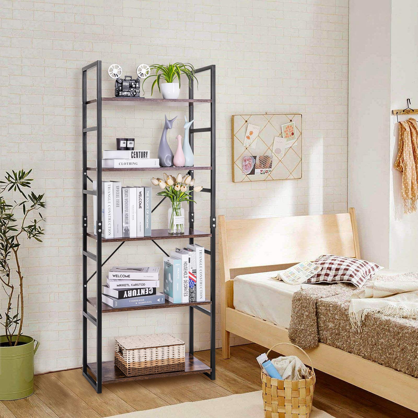 LLIVEKIT Bookshelf Tall 5-Tier Bookcase Wood Display Standing Shelf Units Storage Organizer for Home Office Industrial