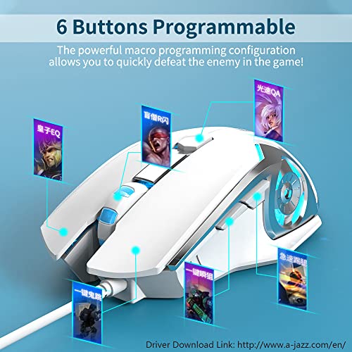 NACODEX AJ120 White Gaming Mouse Programmable 6 Buttons, 4 Adjustable DPI Up to 8000 for Window PC Gamer with Electroplating Wings Design