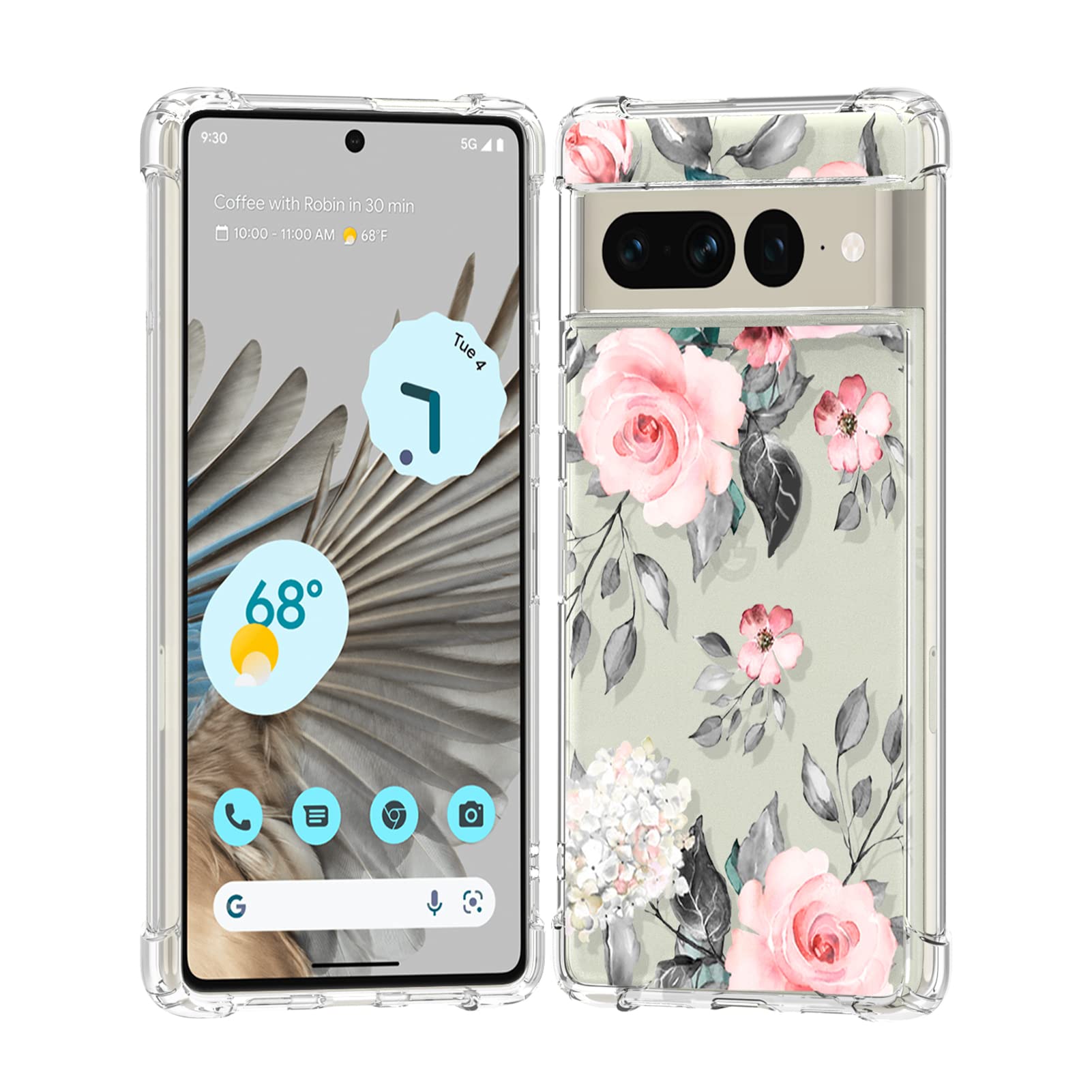 KANGHAR Compatible with Google Pixel 7 Pro Case,Clear Floral Shockproof Drop Protective Girls Women Hard Case with TPU Bumper Cover Phone Case-Pink Rose