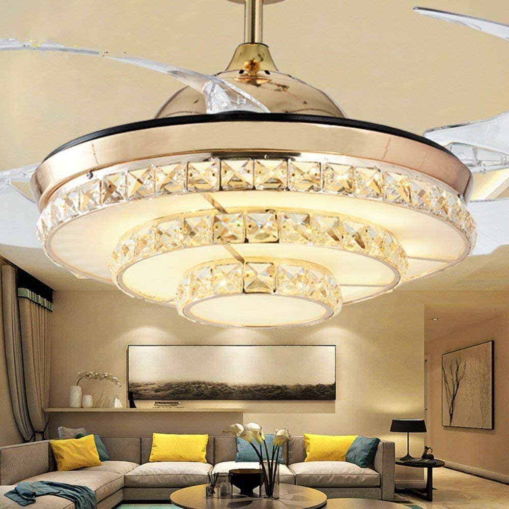 Lighting Groups 42 Inch Invisible Ceiling Fan with 3-Color Changing Light Remote Control Retractable Blades Fandelier for Living Room Dining Room Reversible Ceiling Fan with Indoor Lights (Gold D)