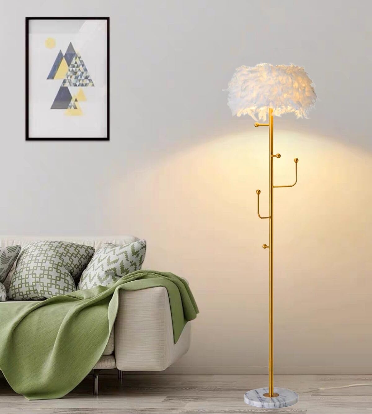 Kardleen White Feather Floor lamp Unique Hanger Floor lamp with Coat Hook Standing lamp Luxury Gold for Bedroom Decorative Tall lamp Naturally Feather lamp