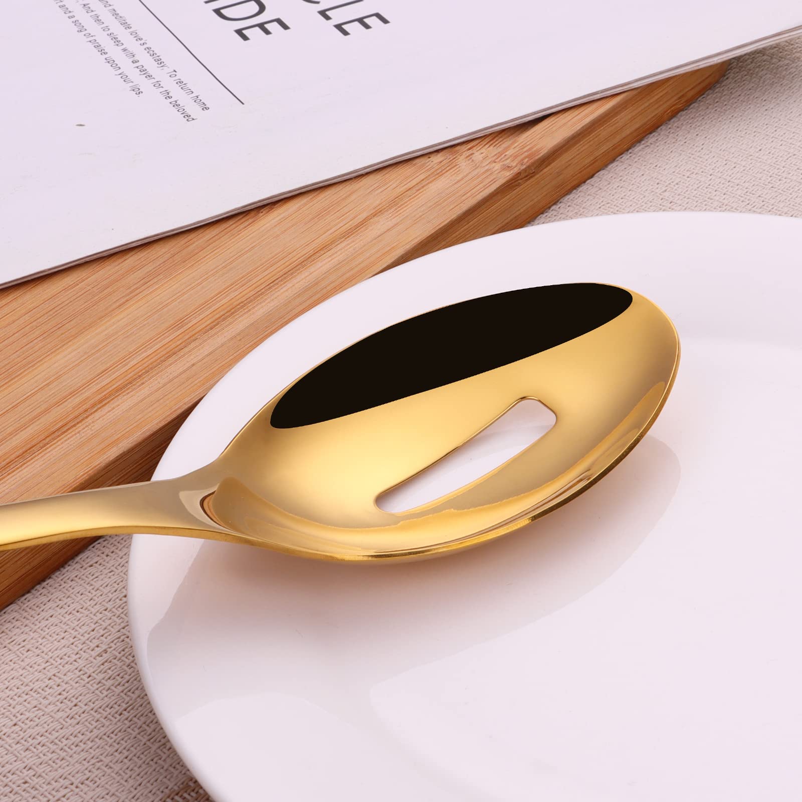 Mafier 10 Inch Stainless Steel Catering Serving Utensils for Party Buffet Dinner Banquet Cooking Kitchen Basics,Including Serving Spoon x 2,Slotted Serving Spoon x 2,Serving Forks x 2(Gold)