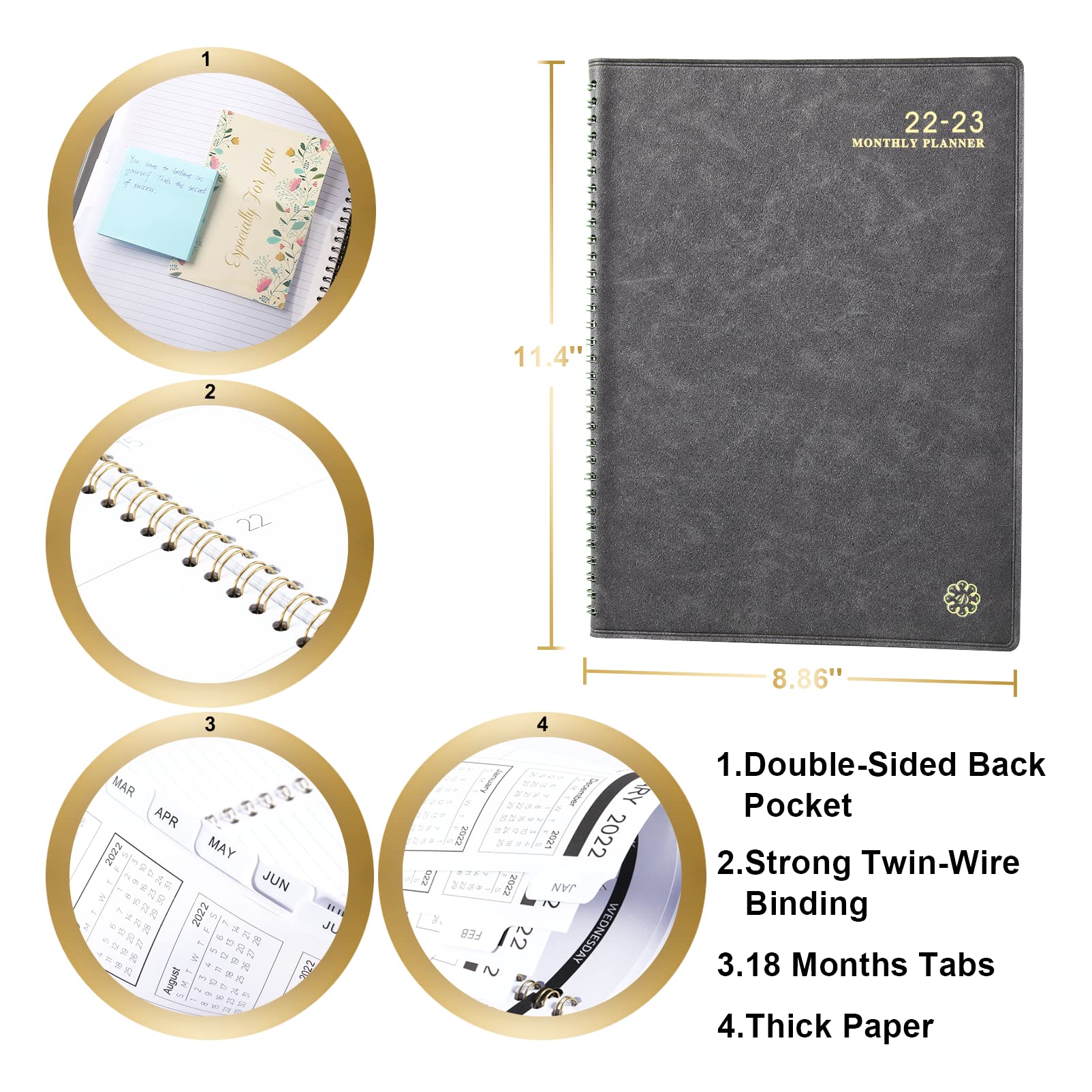 Monthly Planner 2022-2023 - 2022 Monthly Planner, Jan. 2022 - Jun. 2023, 9" x 11" Planner 2022 with Monthly Tabs, 2022 Monthly Planner with Leather Soft Cover, Twin-Wire Binding, Inner Pocket