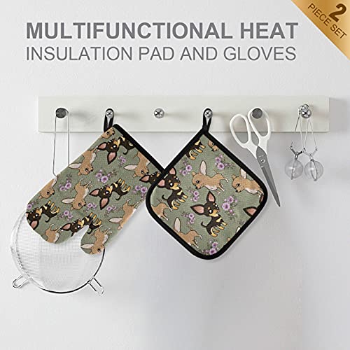 Oven Mitts and Pot Holders Set High Insulated Oven Gloves with Heat Insulation Pad Cute Chihuahua Flower Soft Cotton Lining and Non-Slip Surface Kitchen Mitten for Safe BBQ Cooking Baking