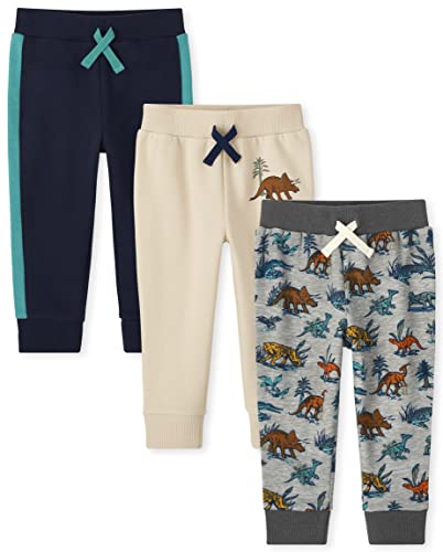 The Children's Place Baby Toddler Boys Jogger Pants, Safari Dinos/Dino/Tidal 3-Pack, 3T