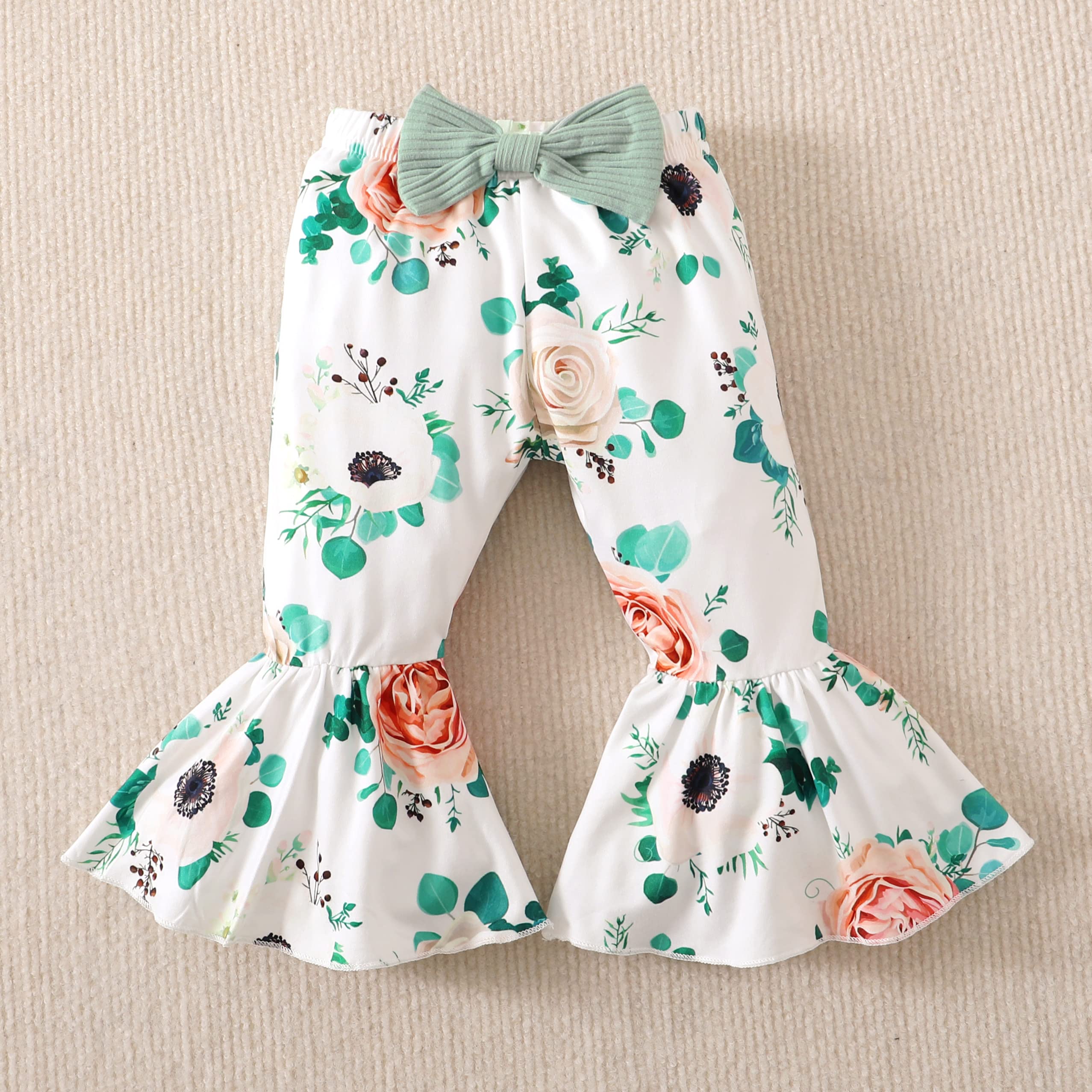 VOLUOVO Newborn Infant Baby Girl Clothes Daisy Mesh Patchwork Lace Puff Sleeve Romper Top Flared Pants Headband Outfit Set(GreenHighCollar/70)