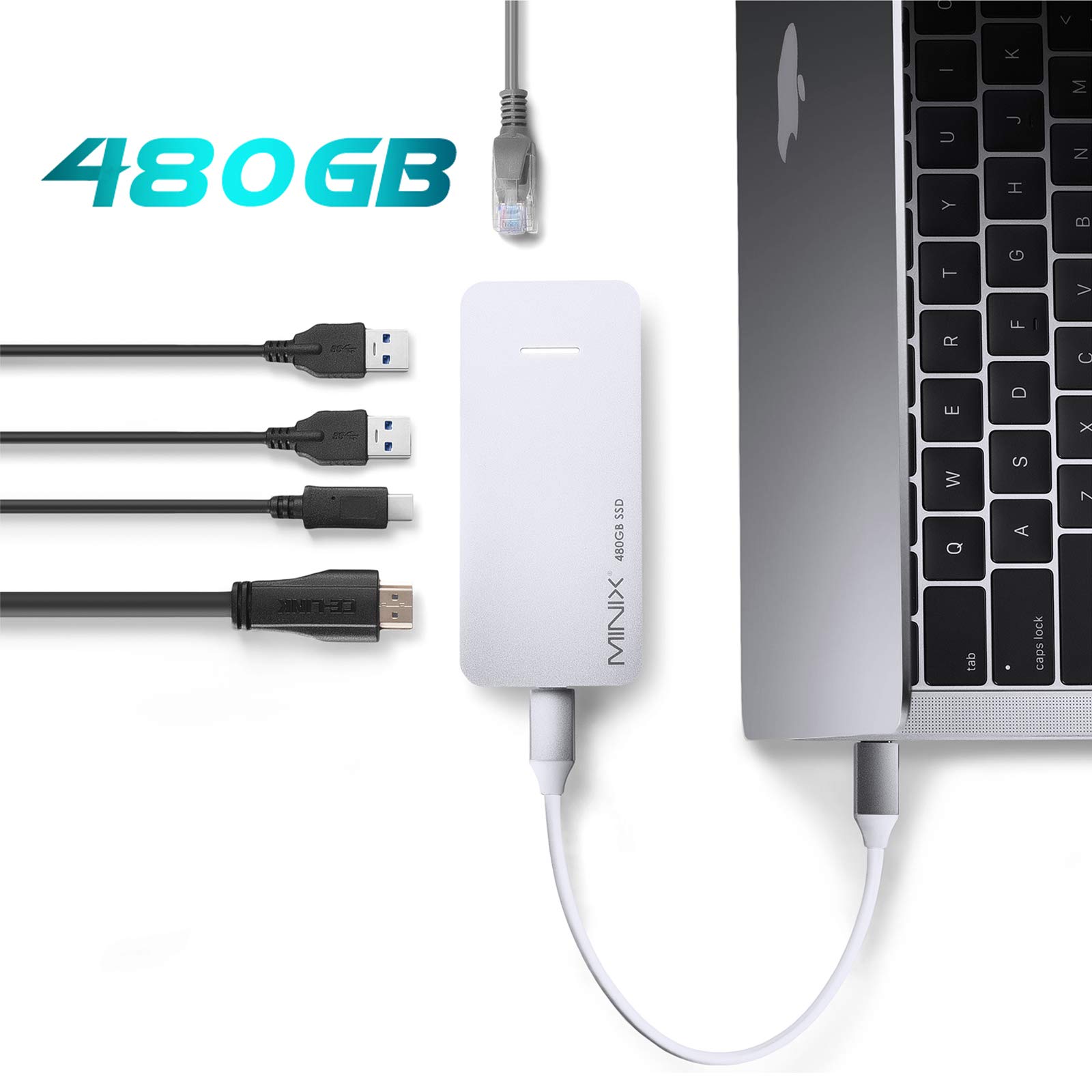MINIX 480GB USB-C Multiport High-Speed SSD Storage Hub-Gigabit Ethernet,4K HDMI (60Hz), USB-C Pass-Through, USB 3.0-Compatible with macOS, iPadOS and Windows 10 OS. (NEO SG4-Silver)