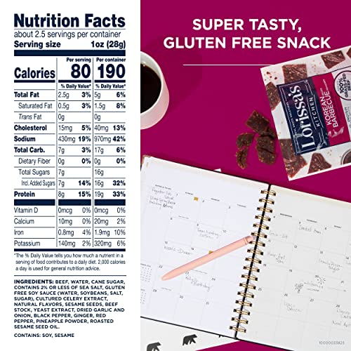 Lorissa's Kitchen Premium Grass-Fed Steak Strips, Korean Barbecue, 2.25 Oz. 4 Count - No Added MSG or Nitrites, Keto Friendly Snacks & Gluten Free, More Tender Than Traditional Beef Jerky