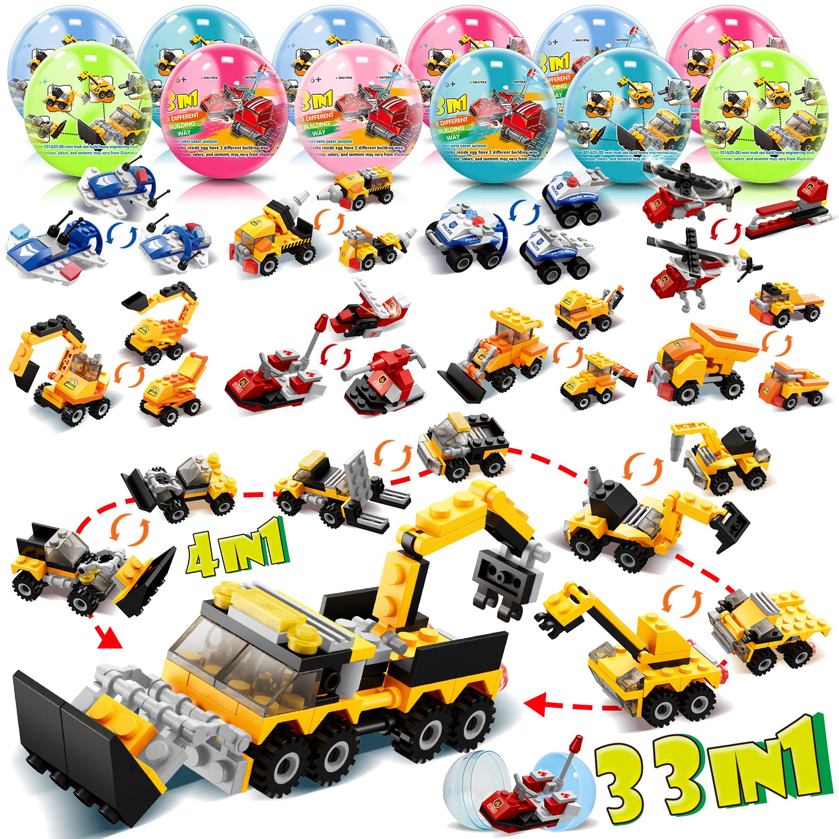 Prefilled Easter Eggs Kids Gift: 12 Easter Eggs Filled with Car & Helicopter Building Blocks Toys | 2.8" Easter Eggs for Easter Basket Stuffers | Surprise Toys Filled Eggs Hunt Easter Party Favor