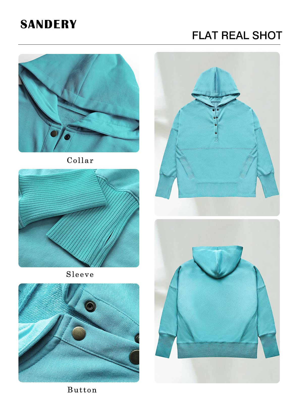 SANDERY Women's Fall Oversized Hoodies 2022 Casual Button V Neck Pullover Sweatshirt Tops with Pockets Large Sky Blue