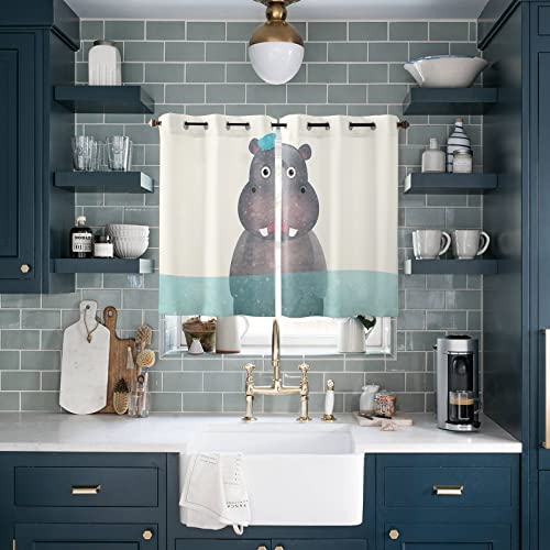 Possta Decor Window Curtain Drape Cartoon Hippo Blue Stream,Durable Panel Set with Grommet Top,Grey Animal River Horse Machine Washable Window Treatments for Kitchen Living Room