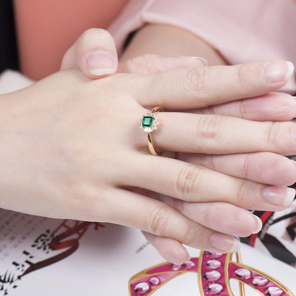 Lanmi 14K Yellow Gold Natural Emerald Diamonds Ring for Women Promise Engagement Wedding Anniversary Promotion