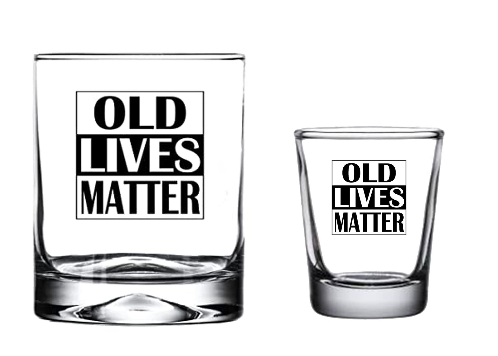 Rogue River Tactical Funny Old Lives Matter Joke Fashioned Whiskey And Shot Glass Bundle Drinking Cup Gag Gift Set For Him Her Men Dad Mom Grandpa Birthday or Retirement Combo Gift Set