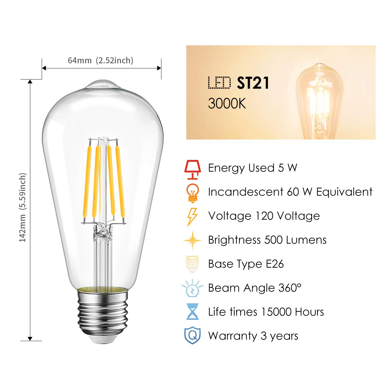 LVWIT Dimmable Vintage Edison Light Bulbs ST21 LED Filament Bulb 5W(60 Watt Equivalent) 3000K Soft White E26 Medium Base, Clear Glass(6-Pack)