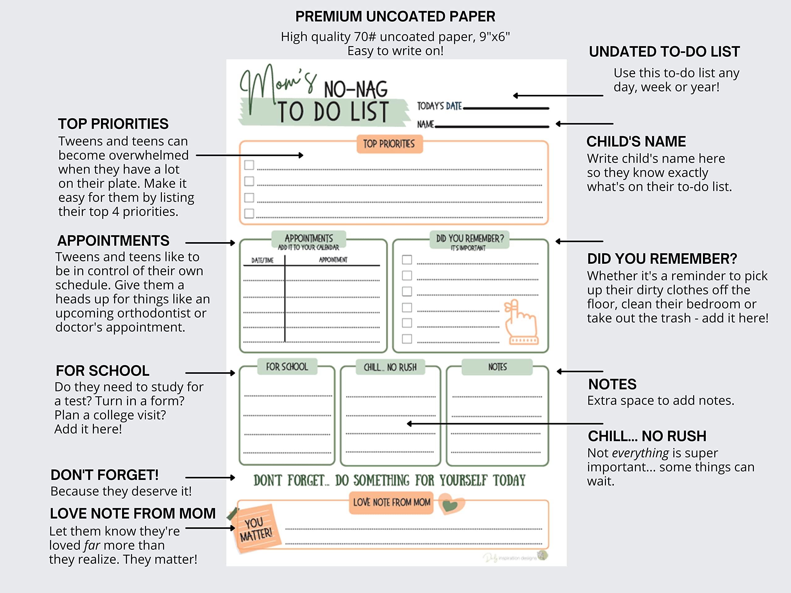Mom's No-Nag To-Do List, 50 Tear-Off 6"x9" Sheet Pad (Perfect for Tweens and Teens) - Organizer, Scheduler, Daily Planner, Productivity Tracker for Organizing Goals, Notepad
