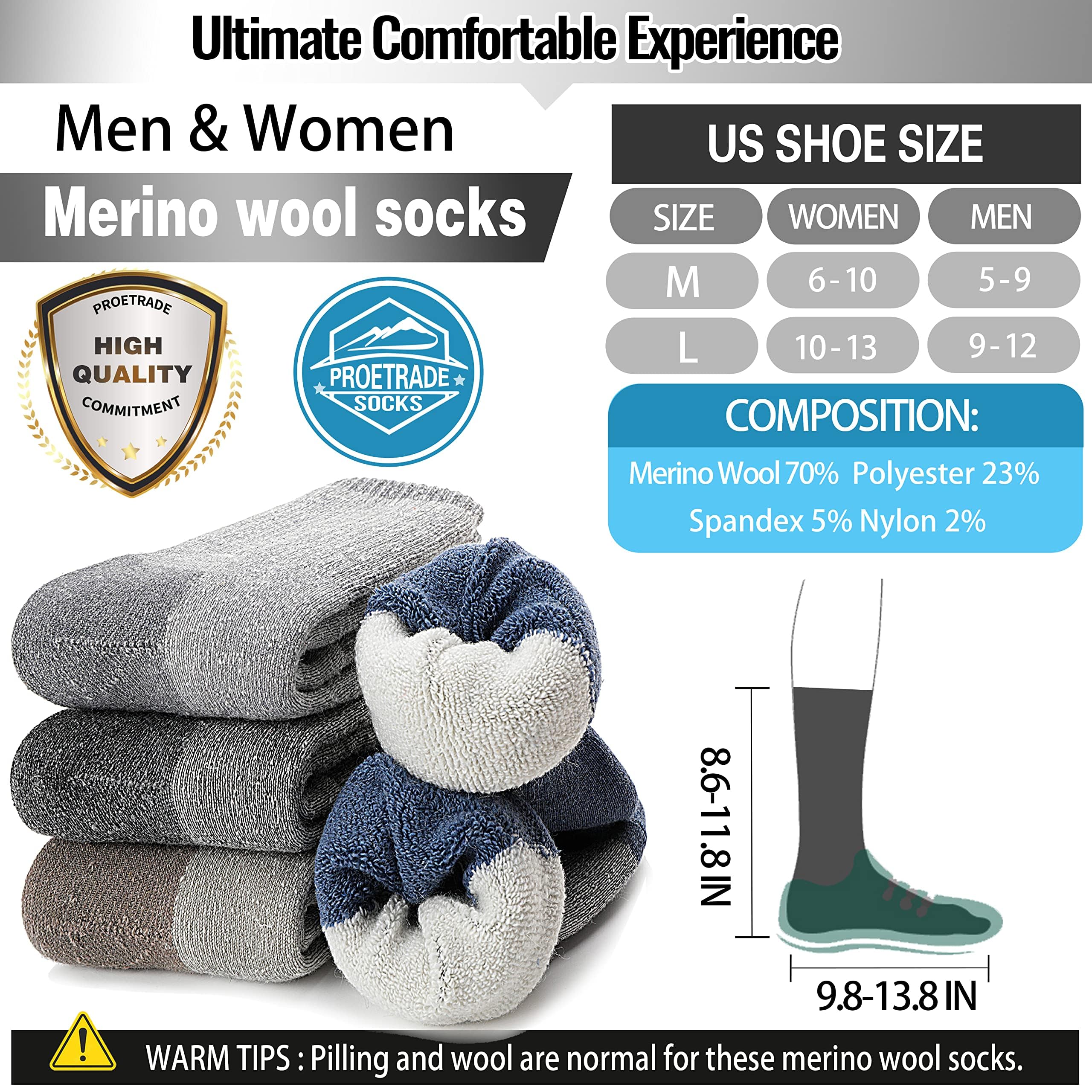 ProEtrade Merino Wool Hiking Socks for Mens Thermal Warm Winter Crew Thick Cushion Boot Work Stockling Stuffers Gift Socks 4 Pairs (Assorted A,M)