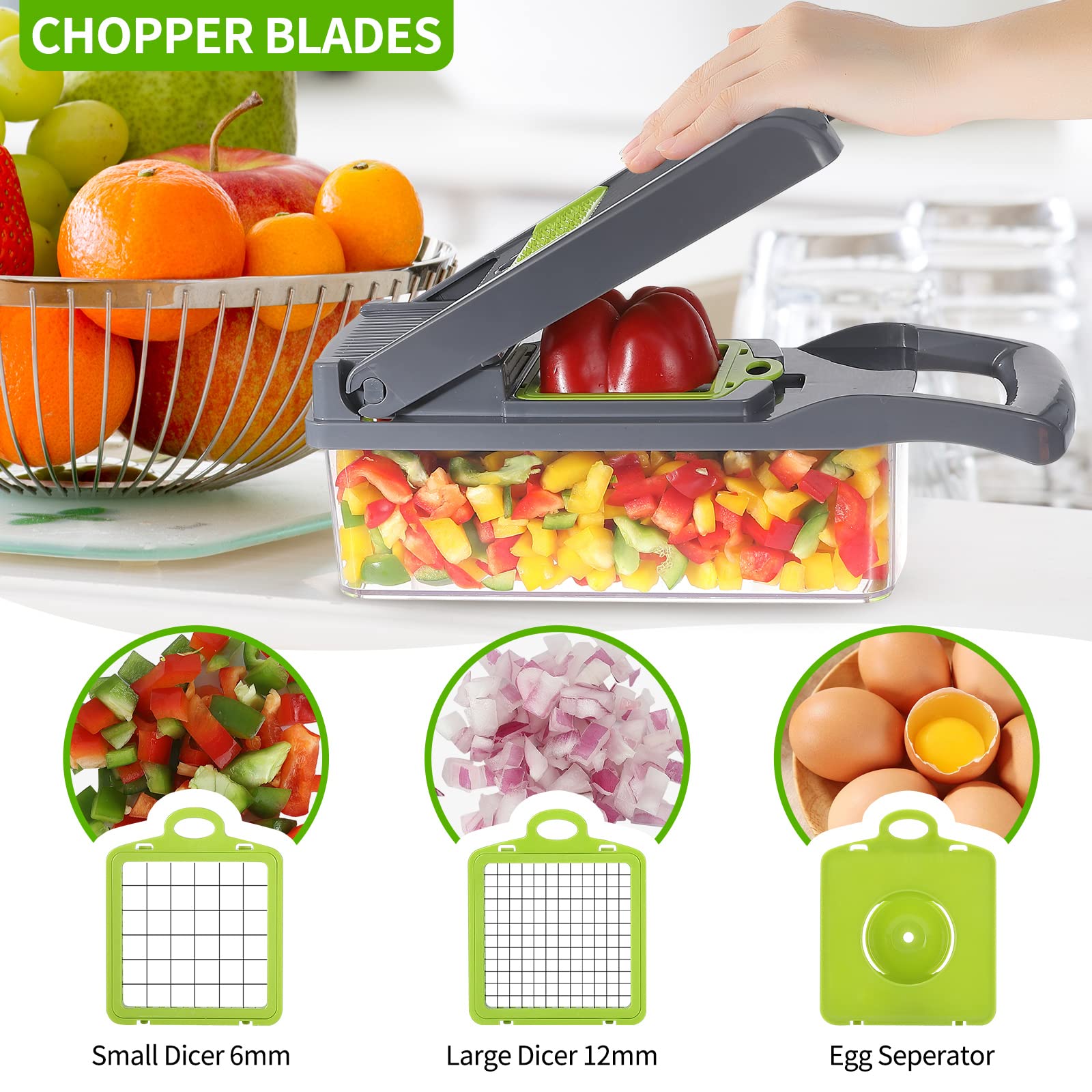 Premium Vegetable Chopper, 7 Blade Veggie Chopper, Cutter, Dicer, 12-in-1 Onion Chopper, Mandolin Slicer, Multifunctional Food Chopper with Container